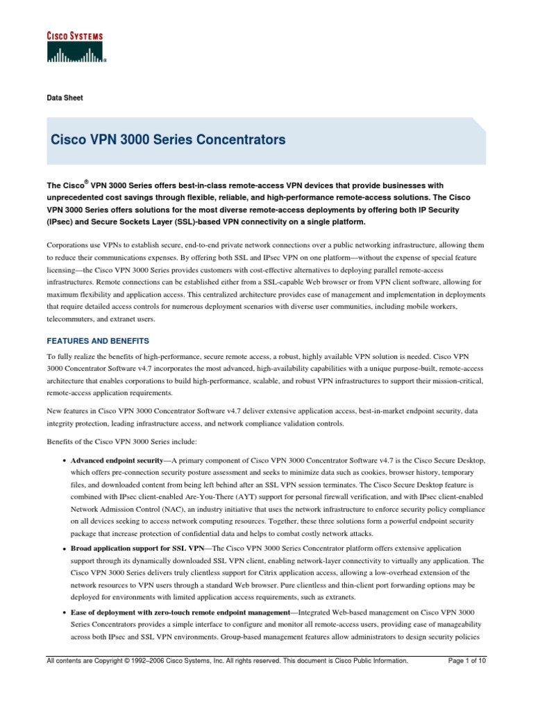 Cisco VPN 3000 Series Concentrators: Data Sheet | PDF | Virtual Private ...