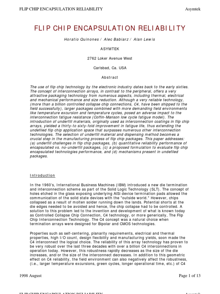 1998 08 Asymtek Flip Chip Encapsulation Reliability | PDF | Fracture | Fracture Mechanics