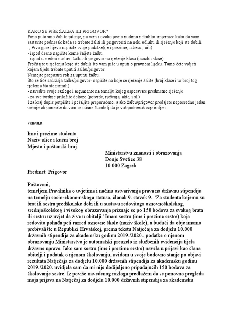 Kako Se Piše Žalba Ili Prigovor | PDF