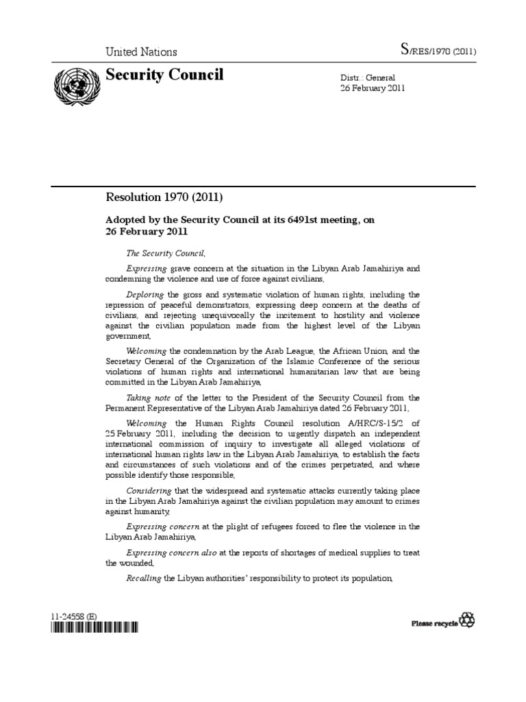 UN Security Council Resolution 1970 (2011) | PDF | Muammar Gaddafi ...