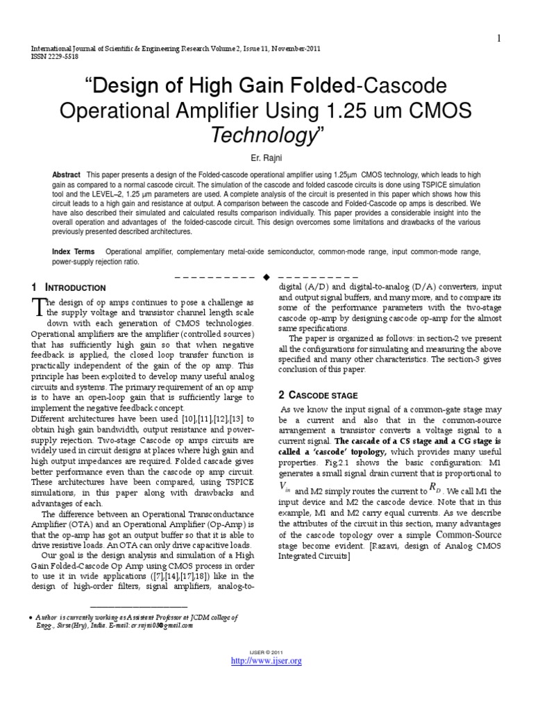 Design of High Gain Folded-Cascode Operational Amplifier Using 1.25 Um CMOS | PDF | Operational ...