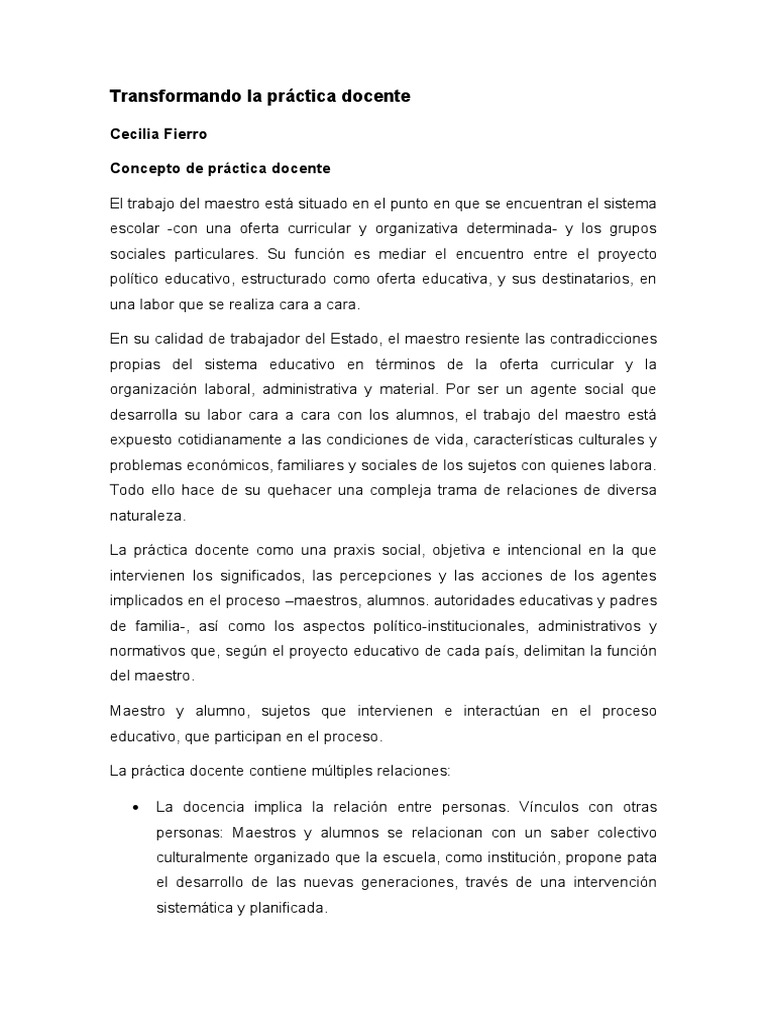 7 - Transformando La Práctica Docente - CECILIA FIERRO | PDF | Institución | Maestros