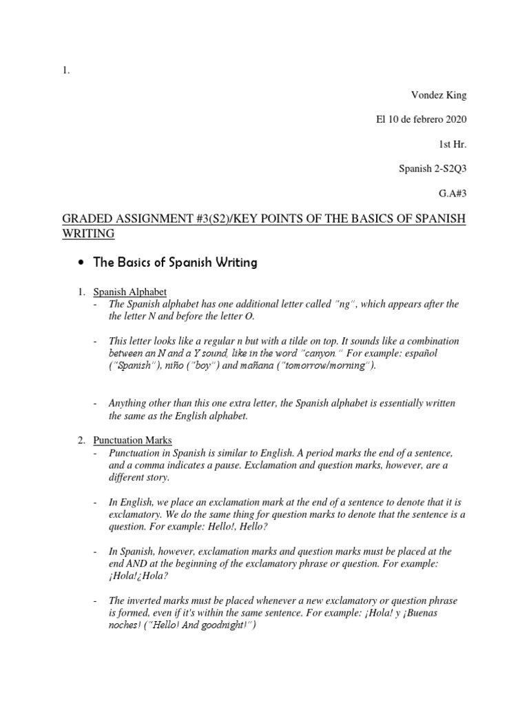 GRADED ASSIGNMENT #3 (S2) KEY POINTS OF THE BASICS OF SPANISH WRITING ...