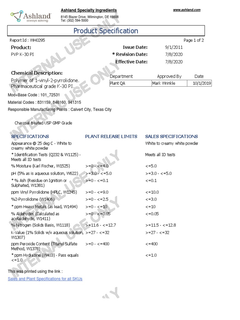 Ficha Tecnica PVP k30 | PDF | Physical Sciences | Materials