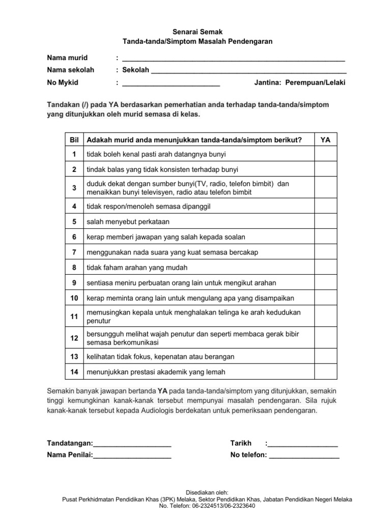 Senarai Semak Tanda-Tanda Masalah Pendengaran | PDF