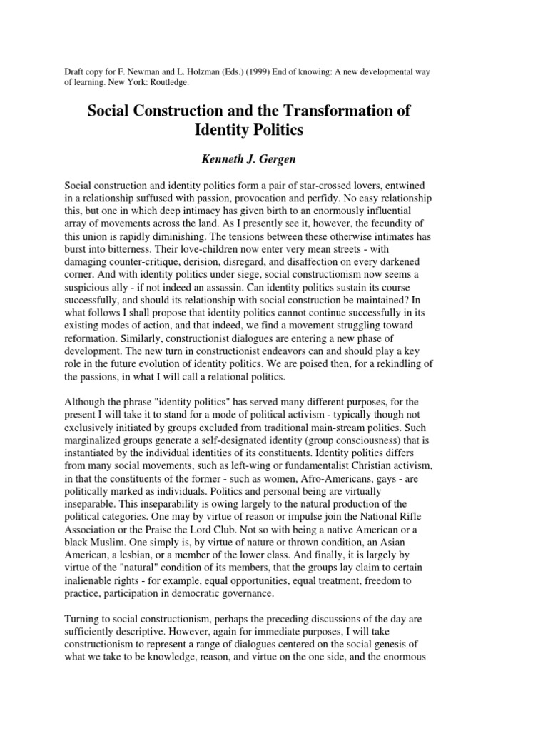 Gergen - Social Construction and The Transformation | PDF | Social ...