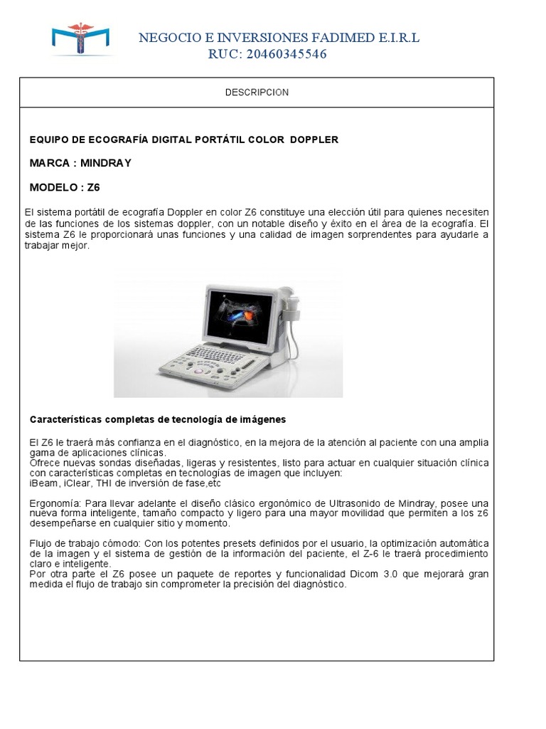 Ecografo Mindray Z6 | PDF | Ultrasonido médico | Ultrasonido