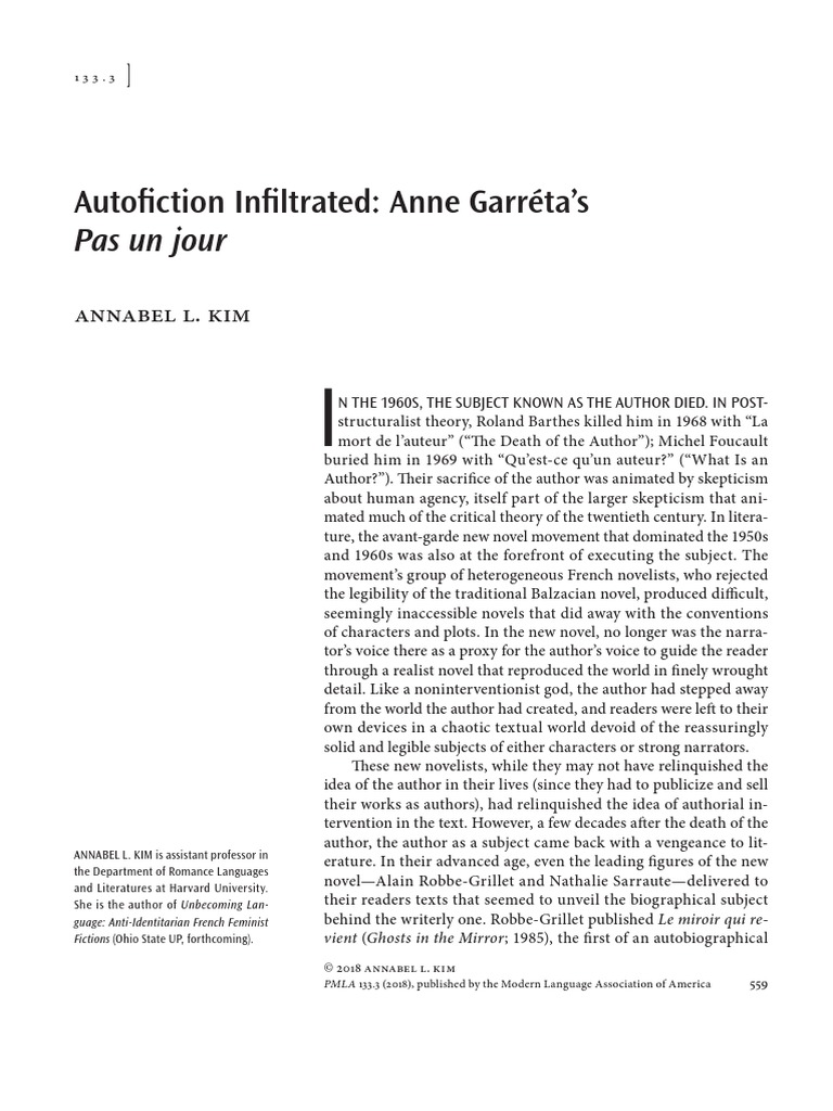 Kim Autofiction Infiltrated-Anne Garréta's Pas Un Jour | PDF | Author ...