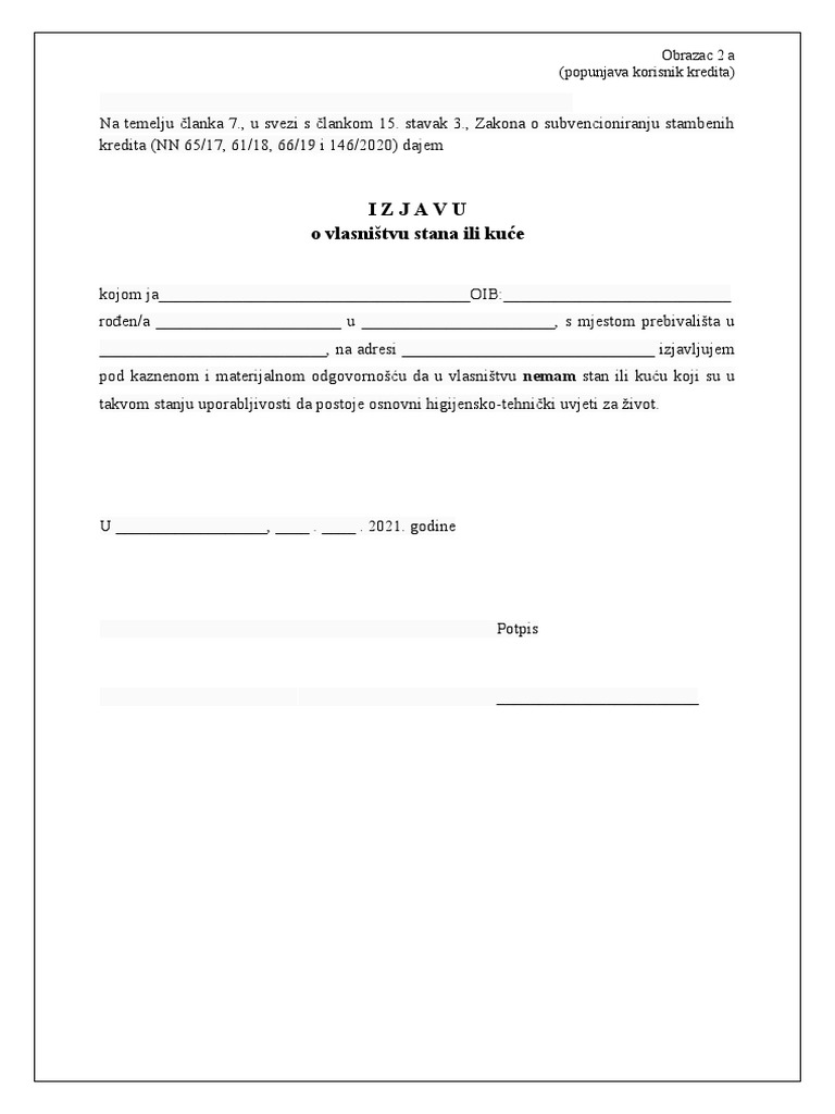 2 A IZJAVA ZA KUPNJU STANA ILI KUĆE Kada Korisnik Kredita Nema U ...