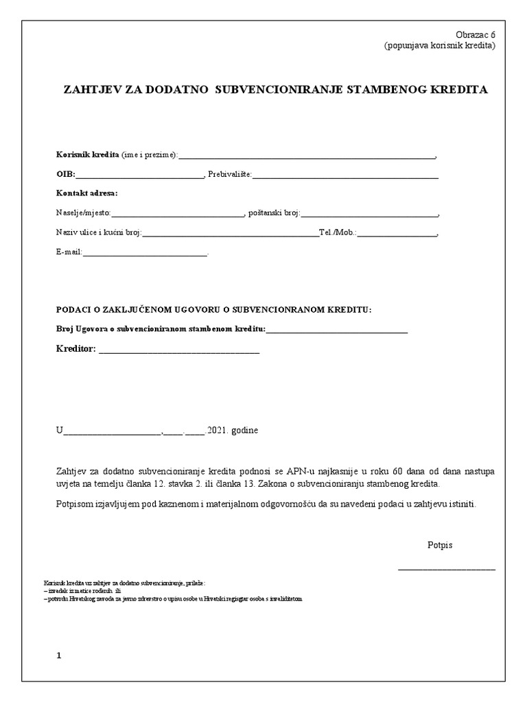 6 ZAHTJEV Za Dodatno Subvencioniranje Kredita 2021. | PDF