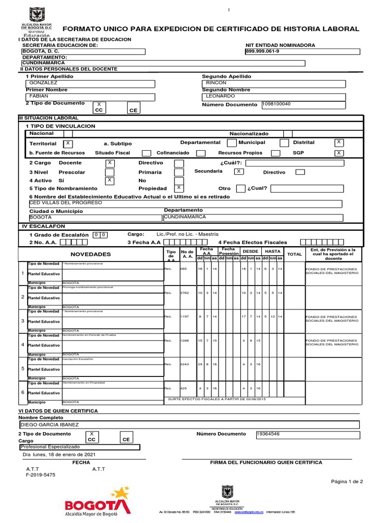Formato Unico para Expedicion de Certificado de Historia Laboral | PDF