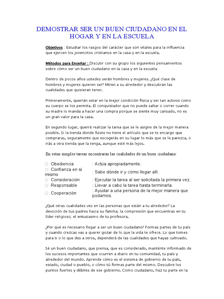 Demostrar Ser Un Buen Ciudadano en El Hogar y en La Escuela | PDF ...