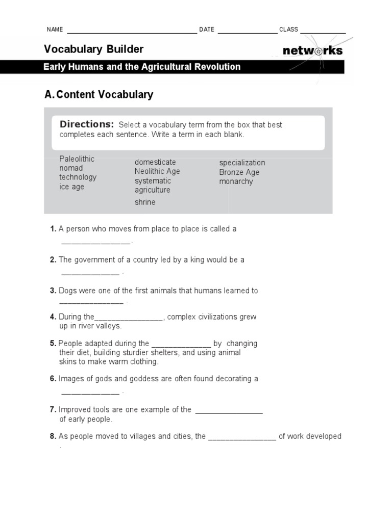 Vocabulary Builder Activity Early Humans and The Agricultural ...