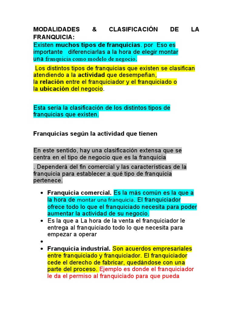 Clasificación de las modalidades y tipos de franquicias según su actividad, relación entre las ...