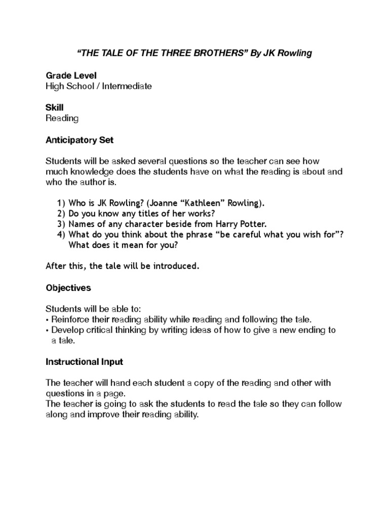 Grade Level Skill: "The Tale of The Three Brothers" by JK Rowling | PDF ...