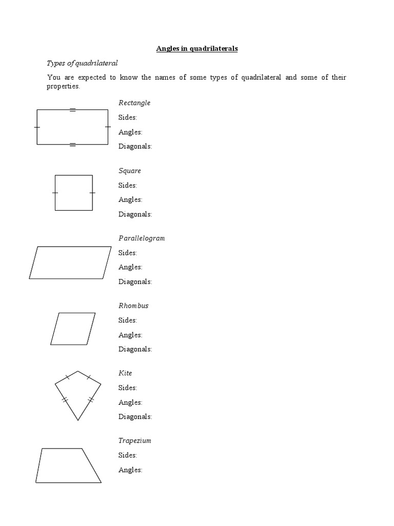 Types of Quadrilateral: Angles in Quadrilaterals | PDF | Rectangle | Elementary Geometry