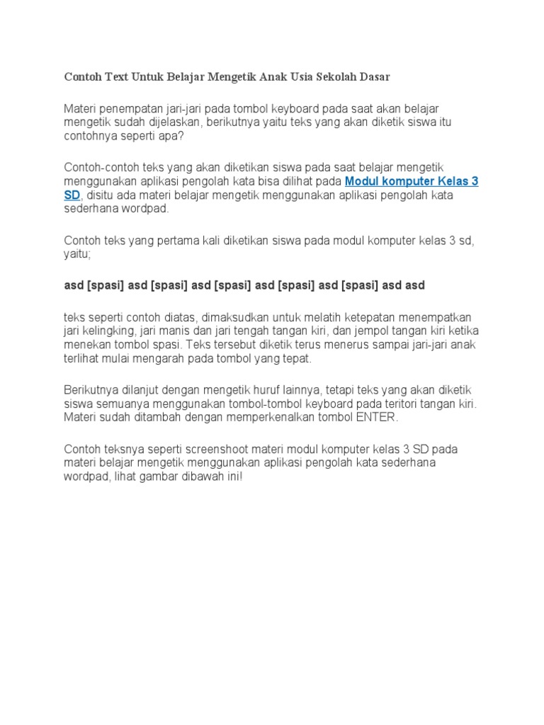 Contoh Text Untuk Belajar Mengetik Anak Usia Sekolah Dasar | PDF