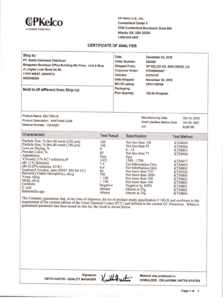 COA Keltrol Batch# 8J5018K | PDF