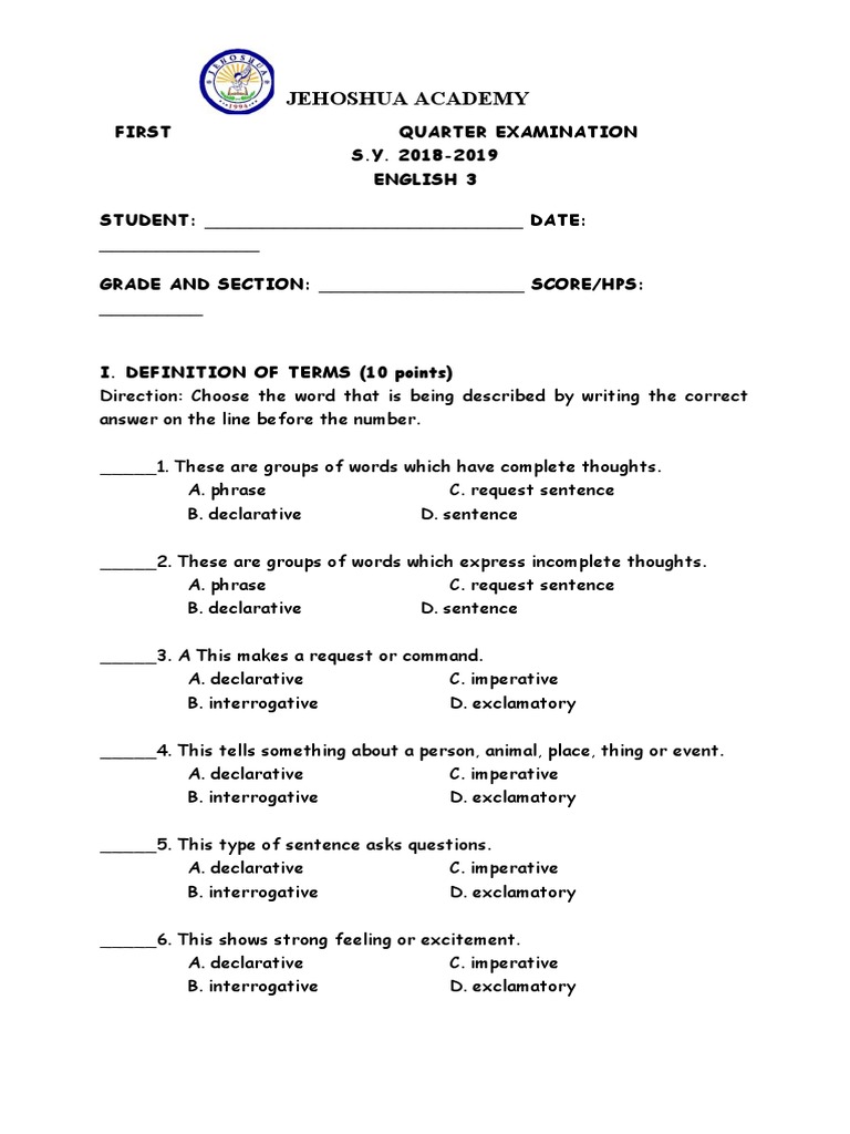 1st Quarter Exam - English 3 | PDF | Grammatical Gender | Noun