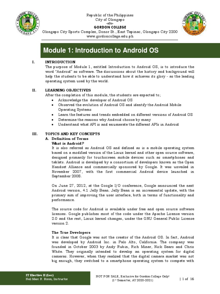 Module 1: Introduction To Android OS: Gordon College | PDF | Android ...