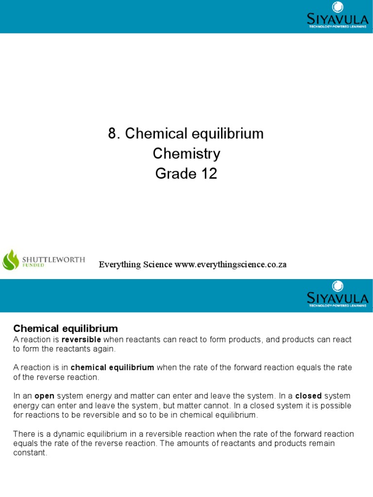 Chemical Equilibrium Chemistry Grade 12: Everything Science WWW ...