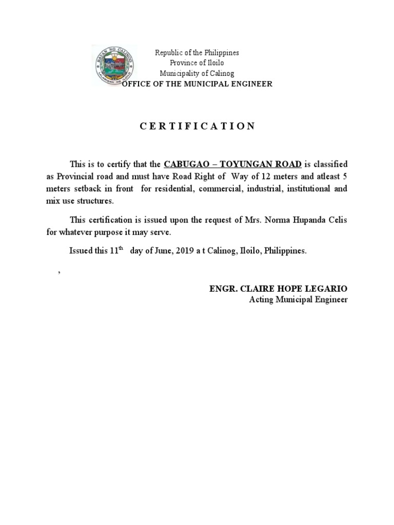 Certification of Road Classification | PDF