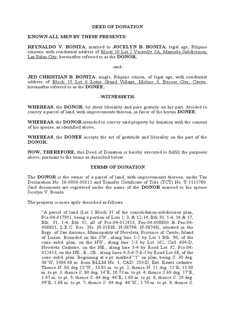 DEED OF DONATION Bonita | PDF | Property | Civil Law (Common Law)