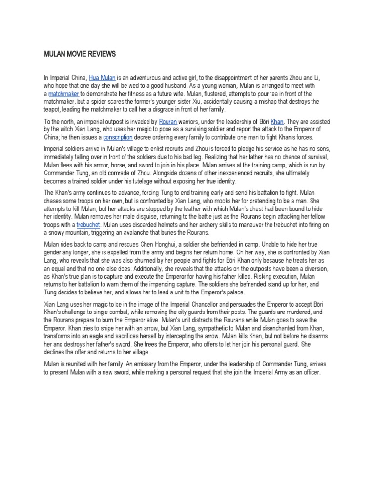 A Hero's Journey: A Summary of the Plot of the Disney Movie Mulan | PDF ...