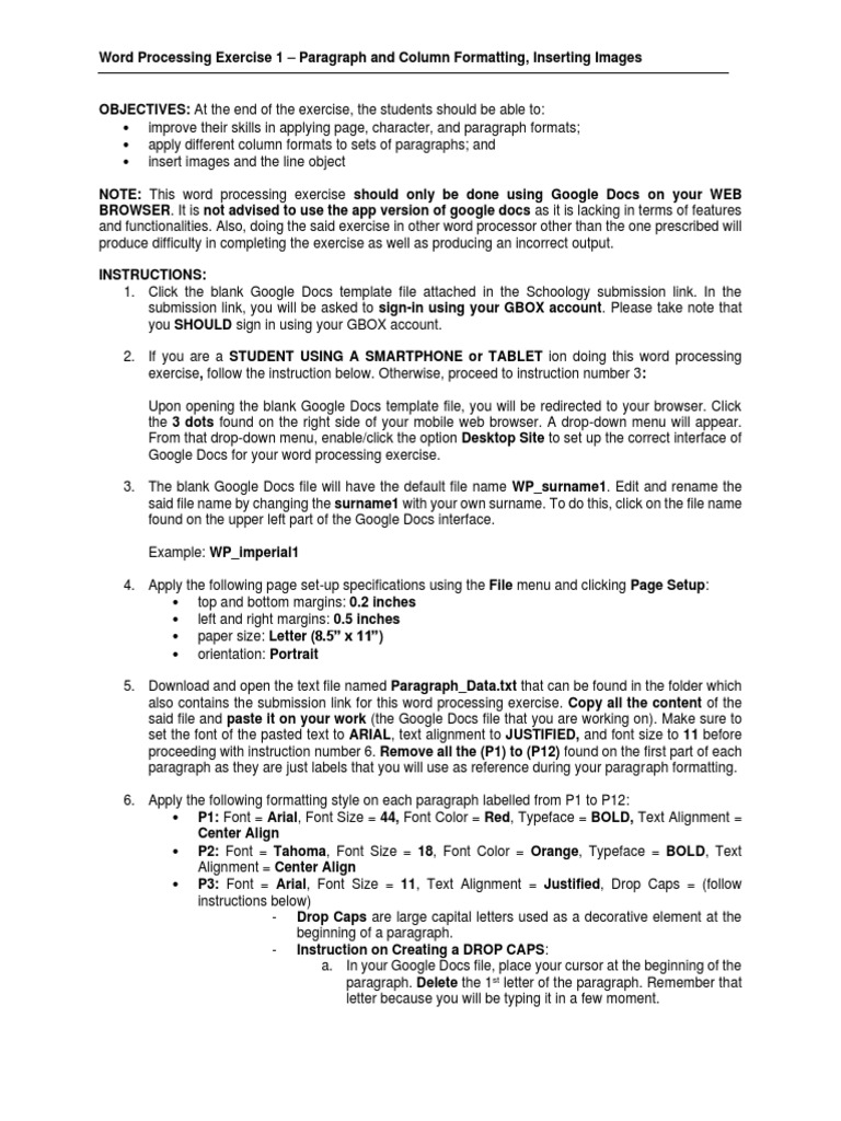 Word Processing Exercise 1 | PDF | Typefaces | Arial