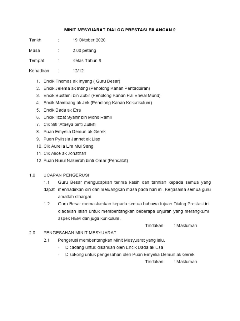 Minit Mesyuarat Dialog Prestasi Bilangan 2 | PDF