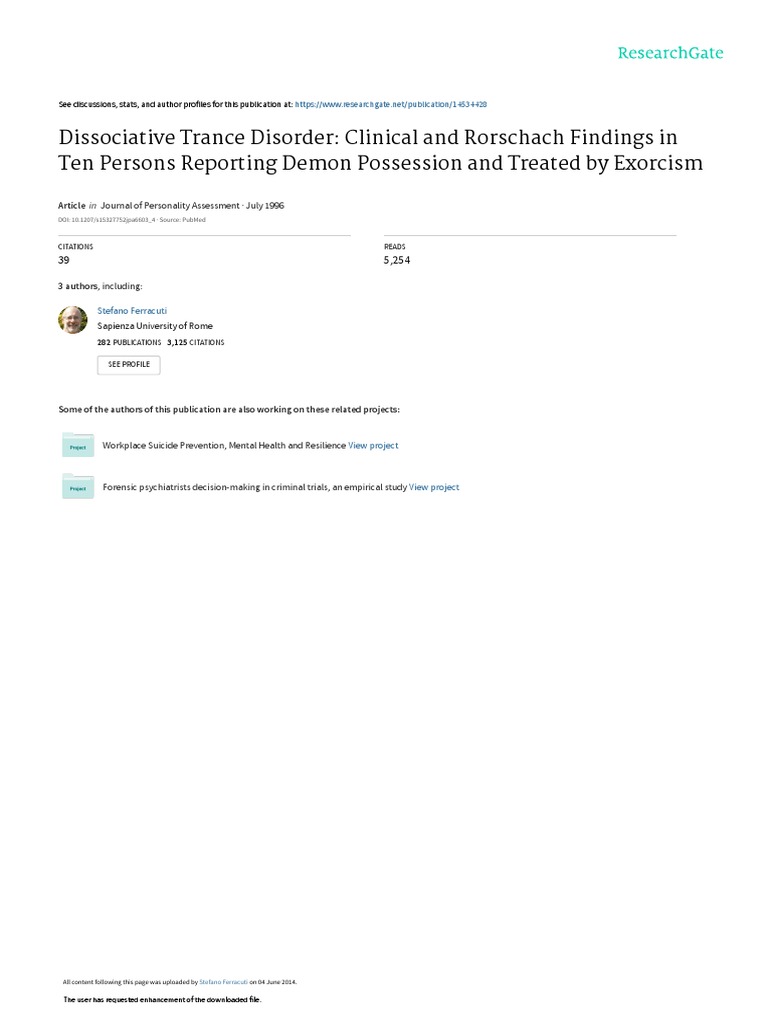 Dissociative Trance Disorder: Clinical and Rorschach Findings in Ten ...