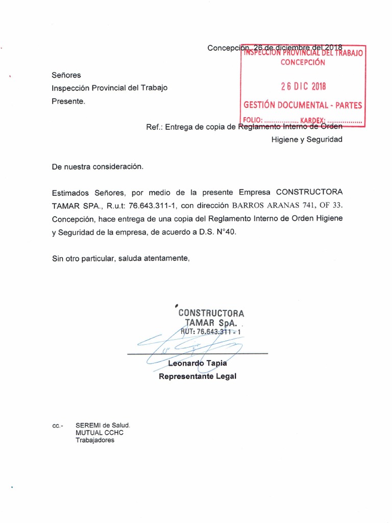 Carta Conductora Reglamento Interno Inspeccion Del Trabajo | PDF