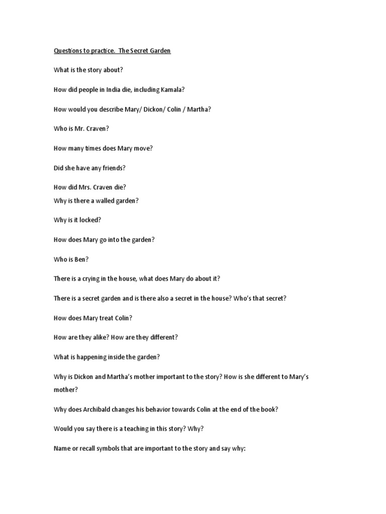 The Secret Garden Discussion Questions | PDF