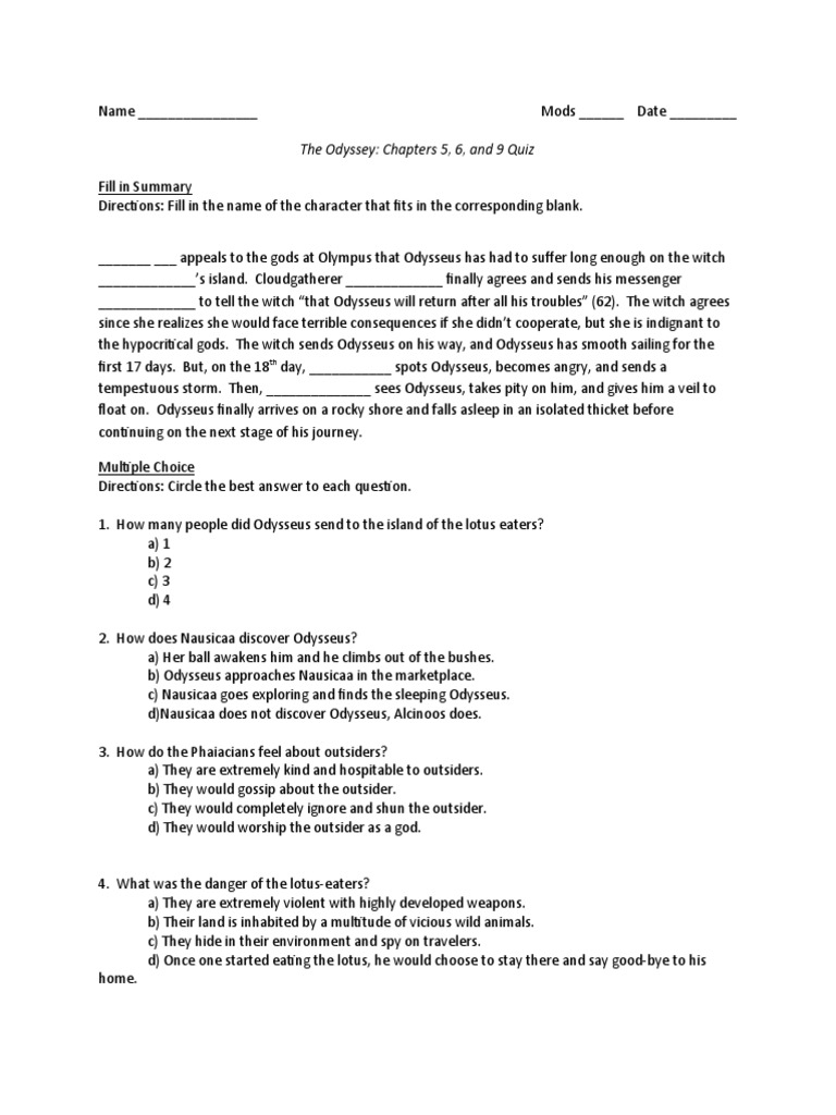 The Odyssey Quiz | PDF | Odyssey