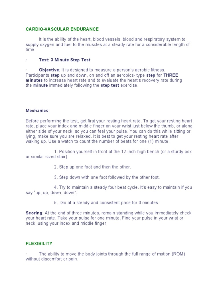 Cardio-Vascular Endurance: Test: 3 Minute Step Test | PDF | Body Mass ...