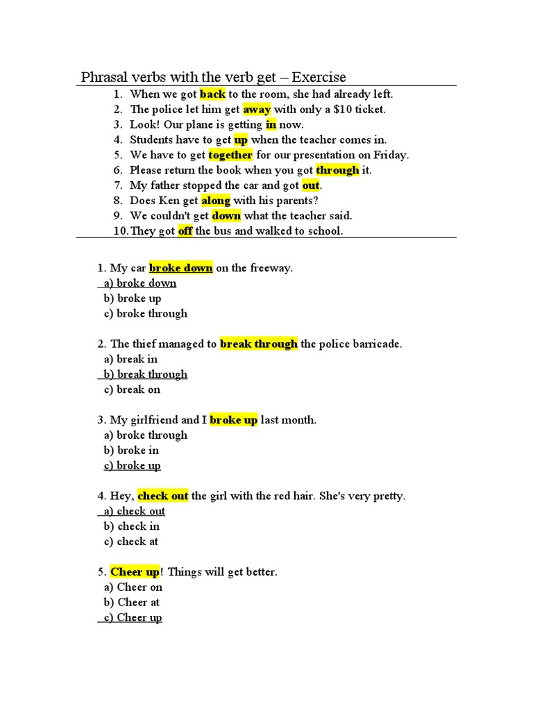 Phrasal Verbs With The Verb Get - Exercise | PDF