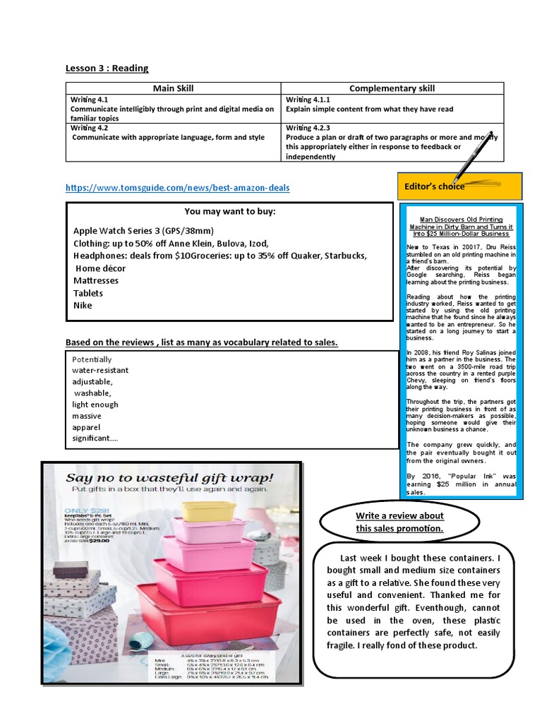 Lesson 3: Reading: Main Skill Complementary Skill | PDF | Interest ...
