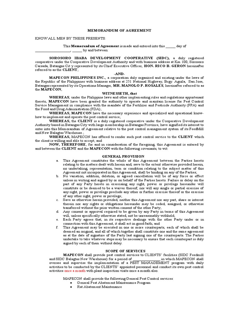 Memorandum of Agreement Mapecon | PDF | Pest Control | Indemnity