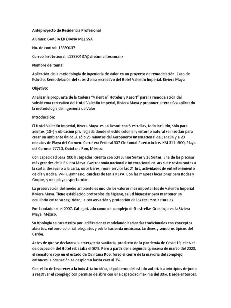 Anteproyecto de Residencia Profesional | PDF | Hotel | México