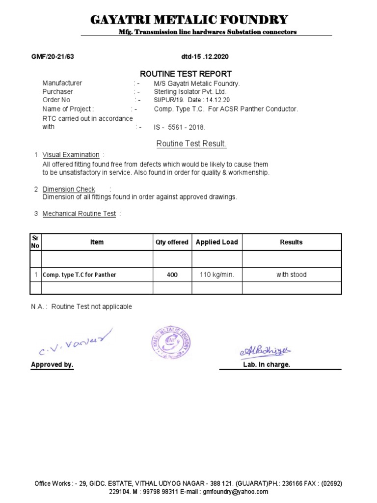 Gayatri Metalic Foundry: Routine Test Report | PDF
