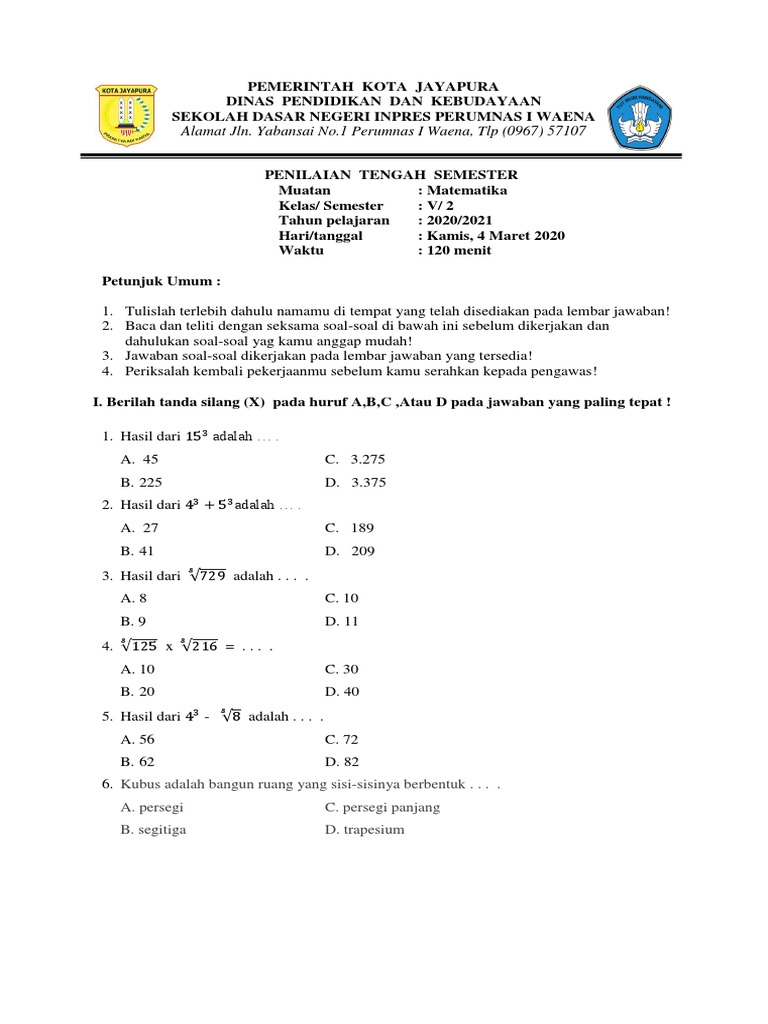 SOAL PTS MATEMATIKA KLS 5 Semester 2 | PDF