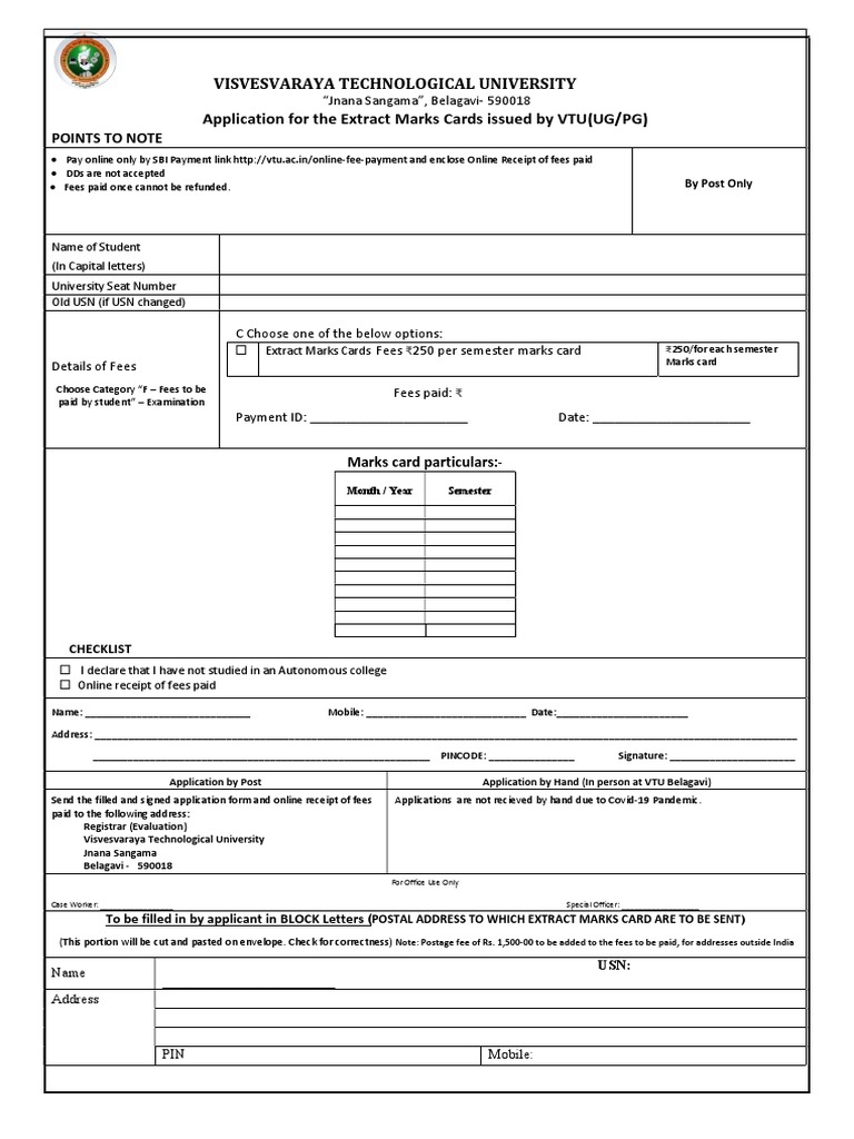 Visvesvaraya Technological University Application For The Extract Marks ...