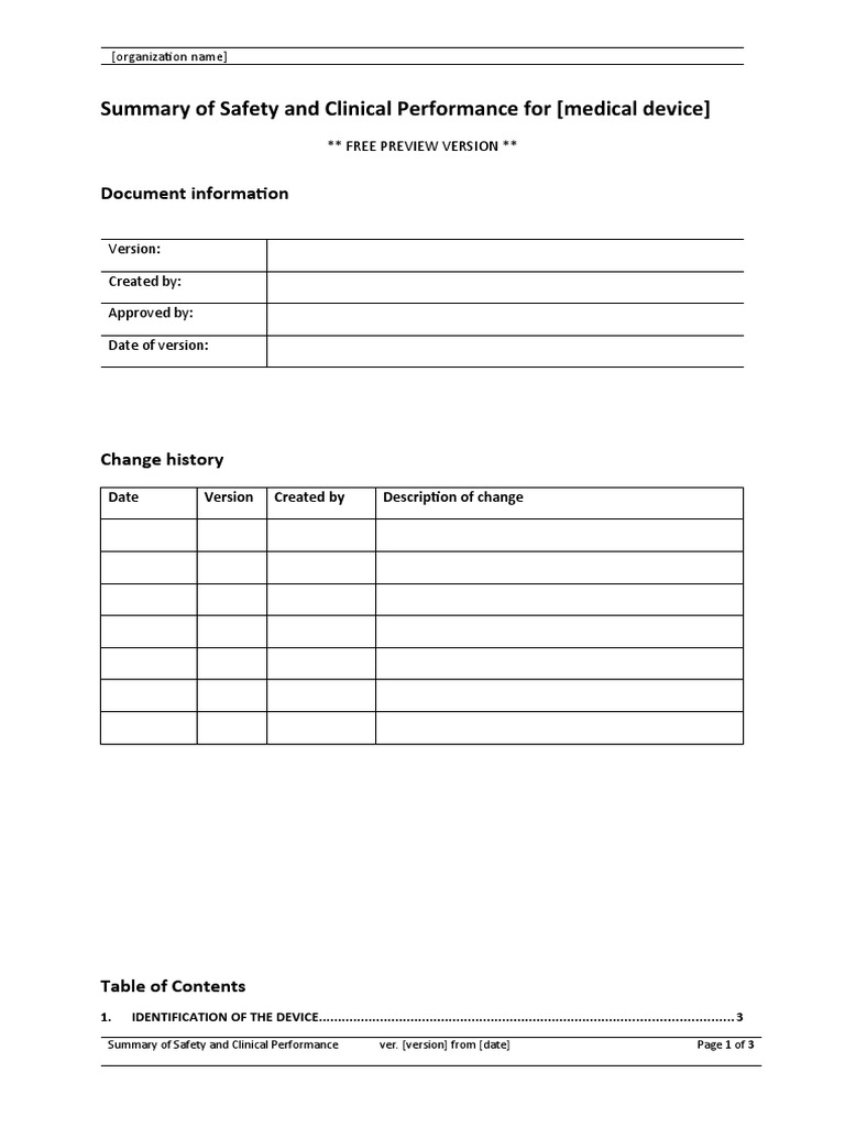 Summary of Safety and Clinical Performance For (Medical Device) | PDF ...