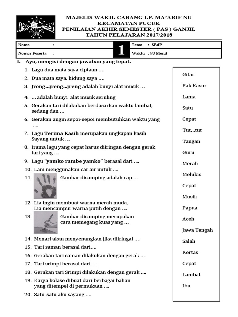 SOAL SBDP KELAS 1 | PDF