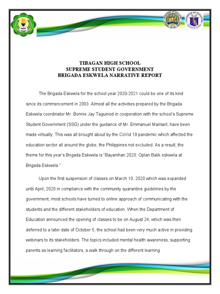 SSG Brigada Eskwela Narrative Report | PDF | Teachers | Human Nature