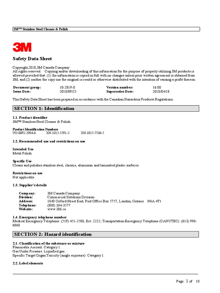Safety Data Sheet: 3M™ Stainless Steel Cleaner & Polish | PDF ...