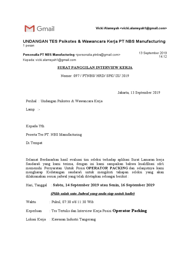 Undangan Tes Kerja PT NBS Manufacturing | PDF