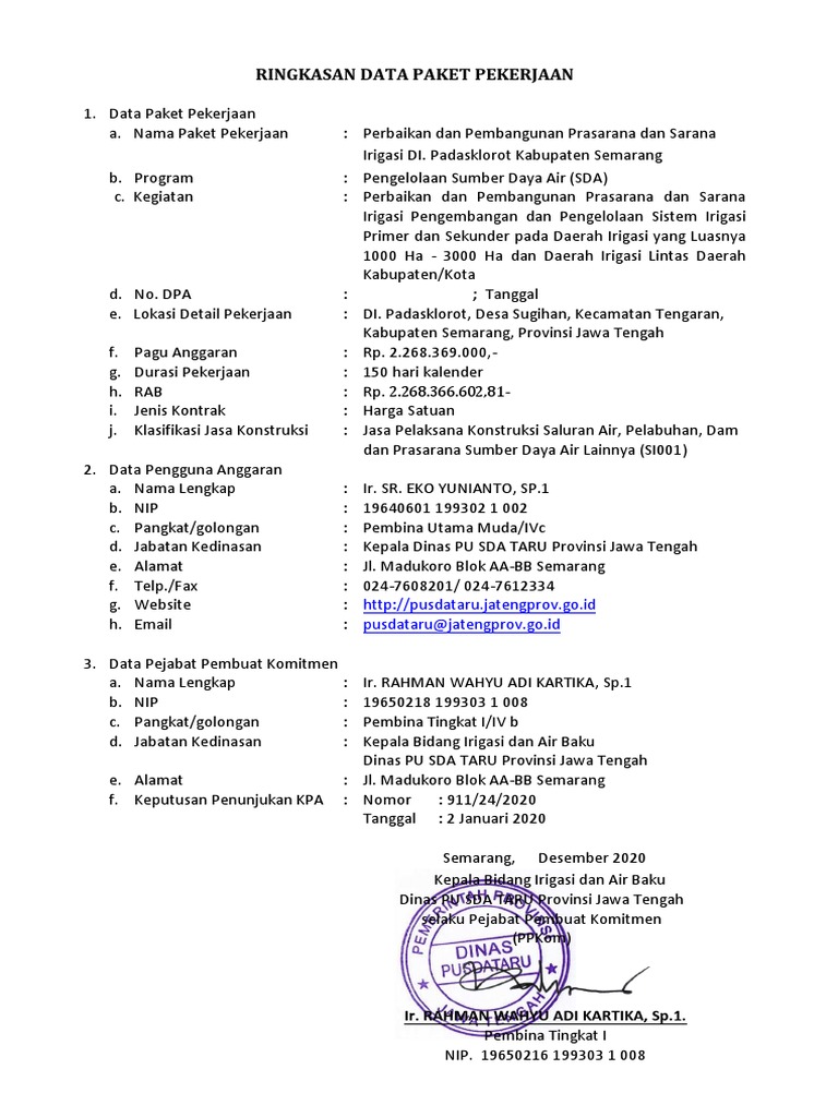 Ringkasan Data Paket Pekerjaan Di. Padasklorot | PDF