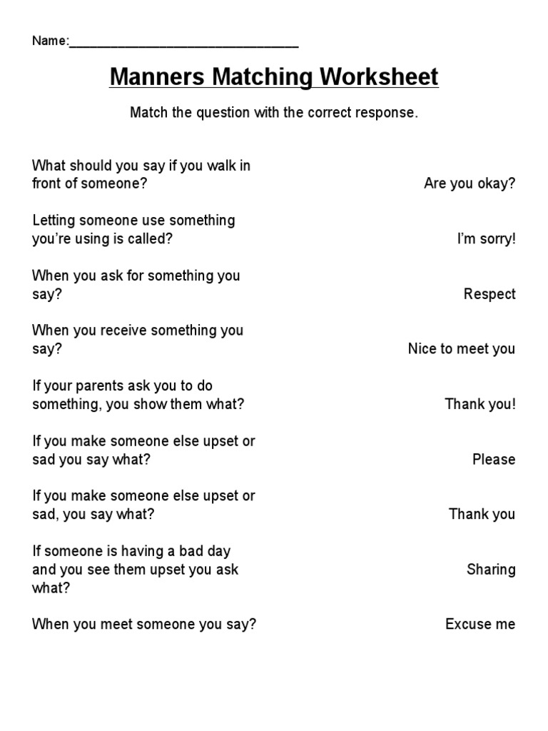 Manners Matching Worksheet | PDF