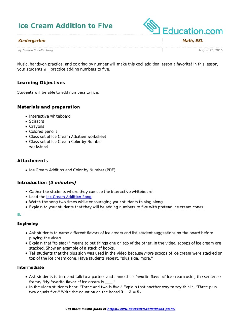 Ice Cream Addition To Five: Learning Objectives | PDF | Ice Cream ...